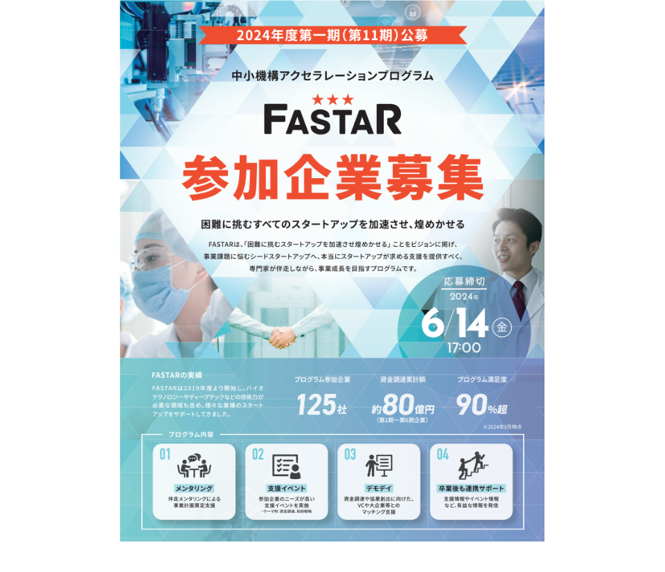スタートアップの成長加速を支援する「FASTAR」第11期の公募を開始：中小機構 | 支援 | J-Net21[中小企業ビジネス支援サイト]